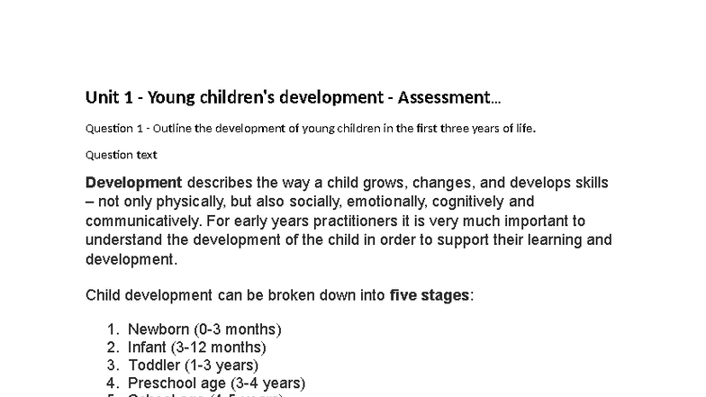 Unit 1 - Young Child Development Assessment Overview - Studocu