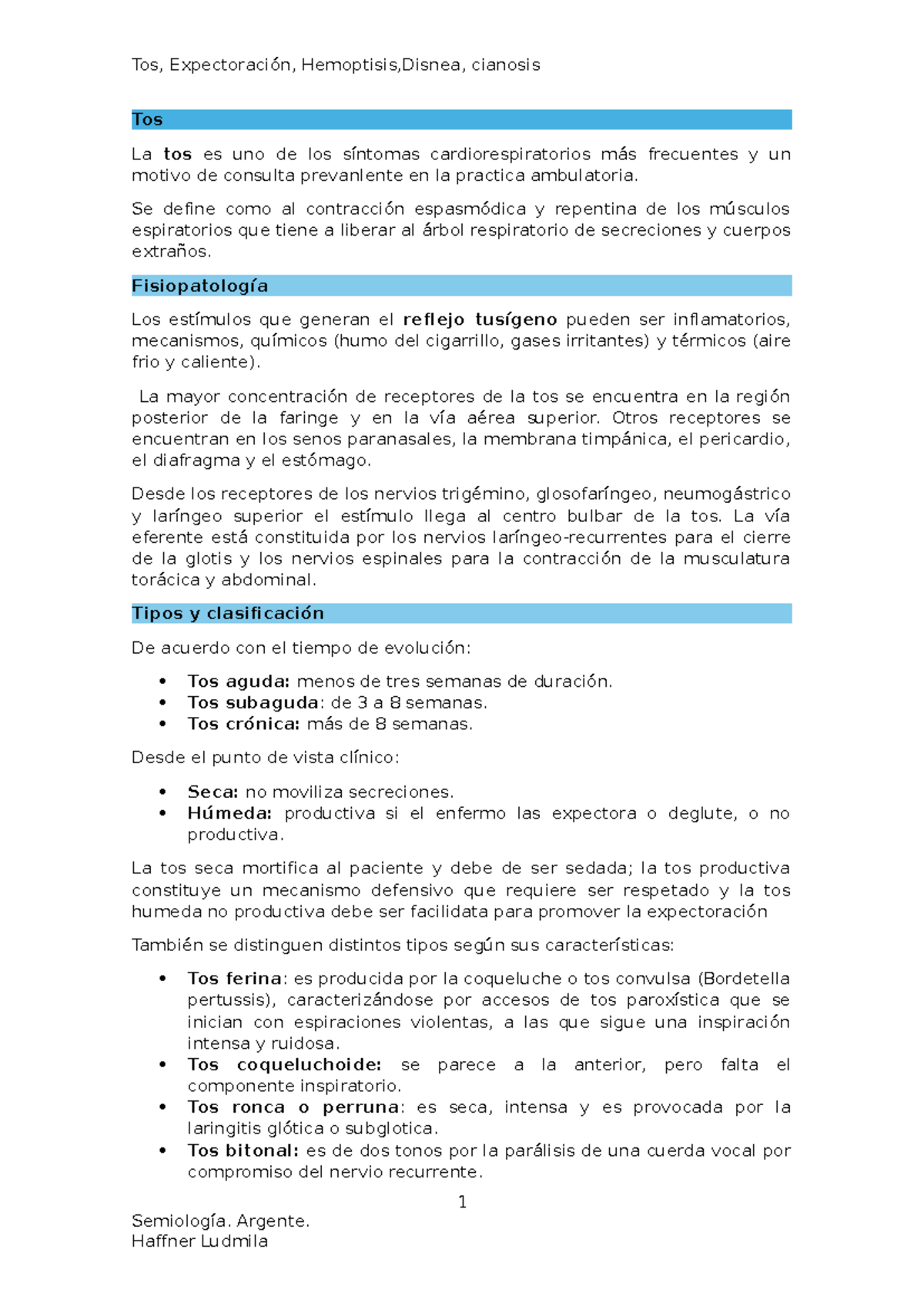 Tos, Expectoración y Disnea: Semiología y Fisiopatología - Studocu