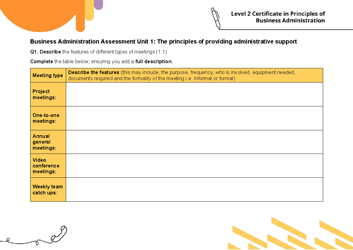 Q1 Answer Sheet (1 - Business Administration Assessment Unit 1: The ...