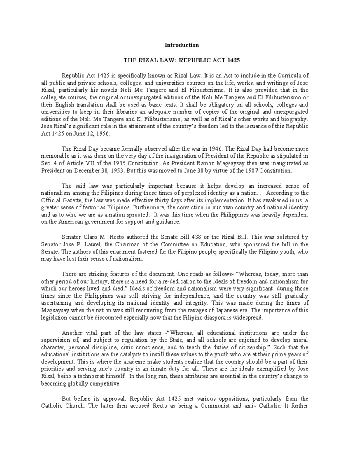 The Rizal LAW- Republic Act 1425 - Introduction THE RIZAL LAW: REPUBLIC ...