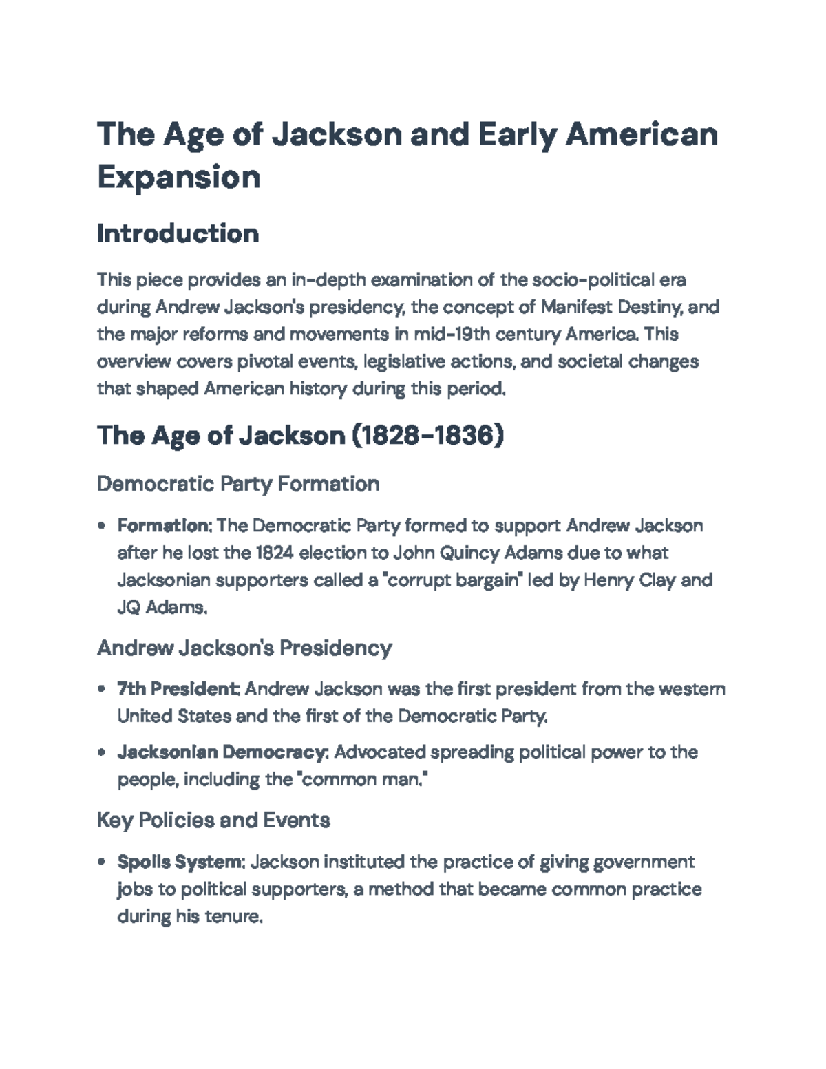 HIST 202: The Age of Jackson, Manifest Destiny & Mid-19th Century ...