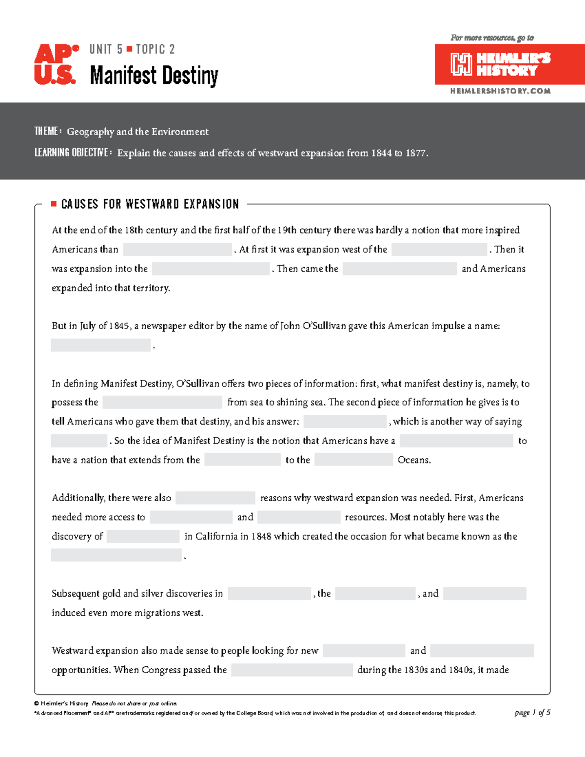 AP US Unit 5 Topic 2 Noteguides: Manifest Destiny and Westward ...