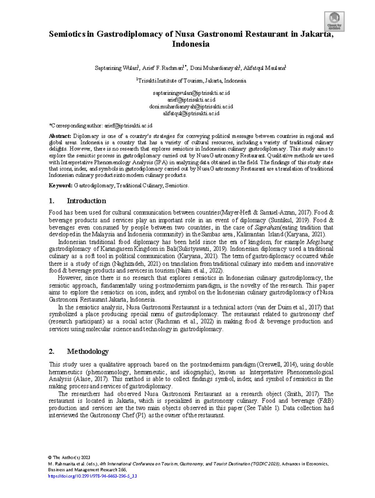 Semiotics in Gastrodiplomacy: Nusa Gastronomi Restaurant Case Study - Studocu