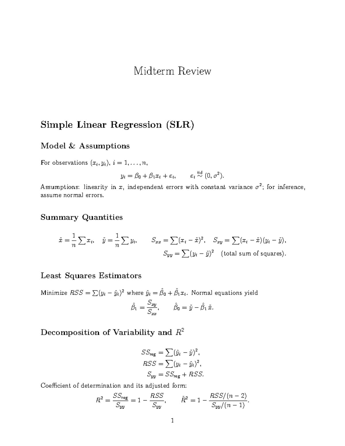 Stat 11 Midterm Review: Simple Linear Regression Assumptions - Studocu