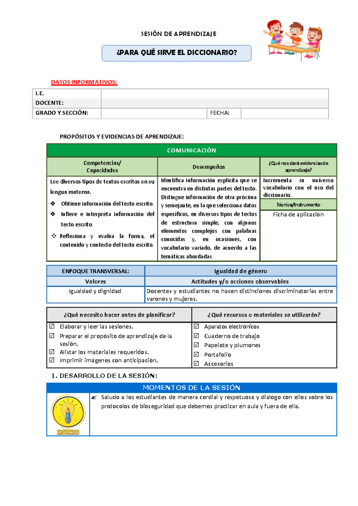 Uso del diccionario - SESI”N DE APRENDIZAJE DATOS INFORMATIVOS: PROP”SITOS Y EVIDENCIAS DE - Studocu