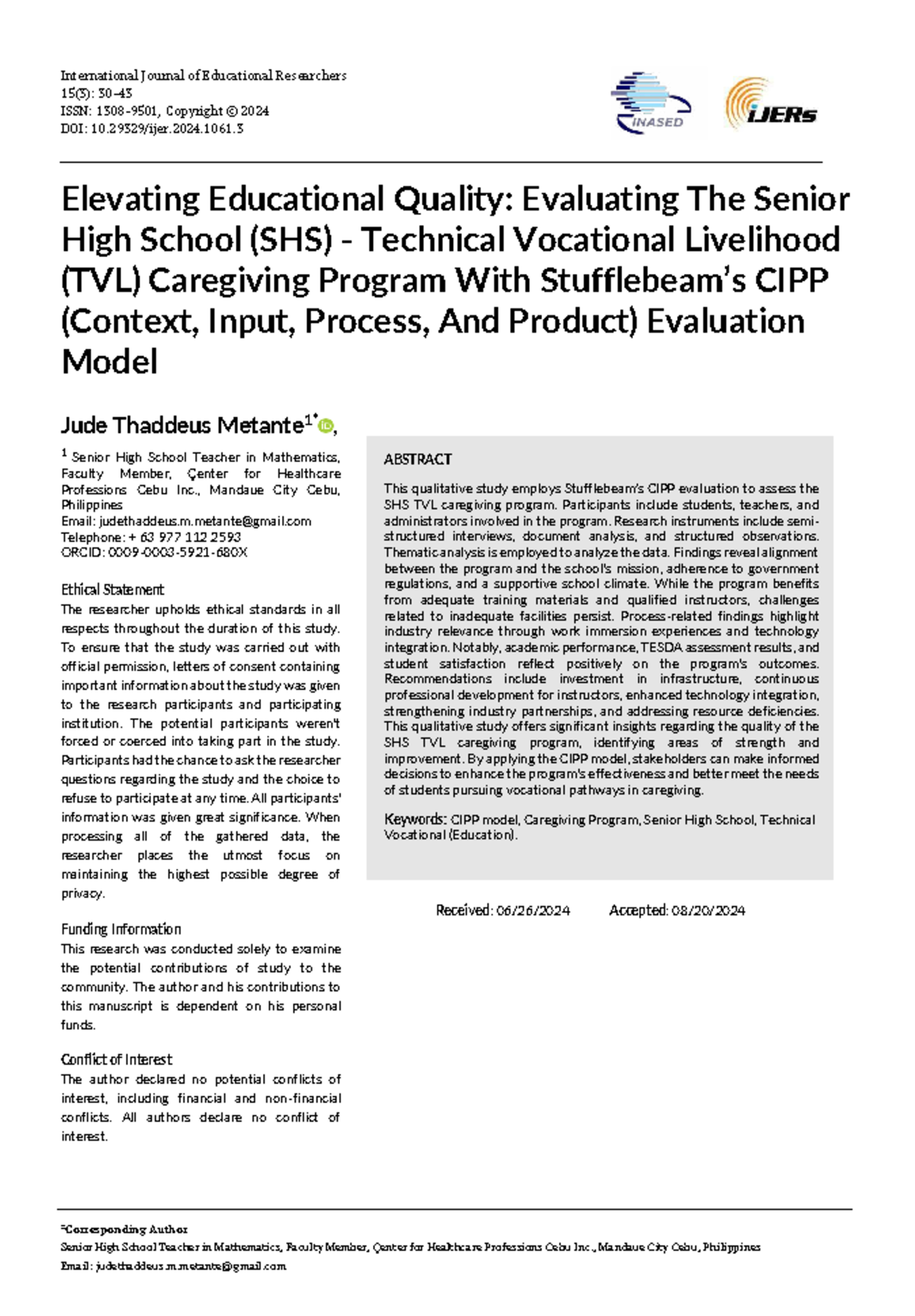 Evaluating SHS TVL Caregiving Program Using CIPP Model: Insights and - Studocu