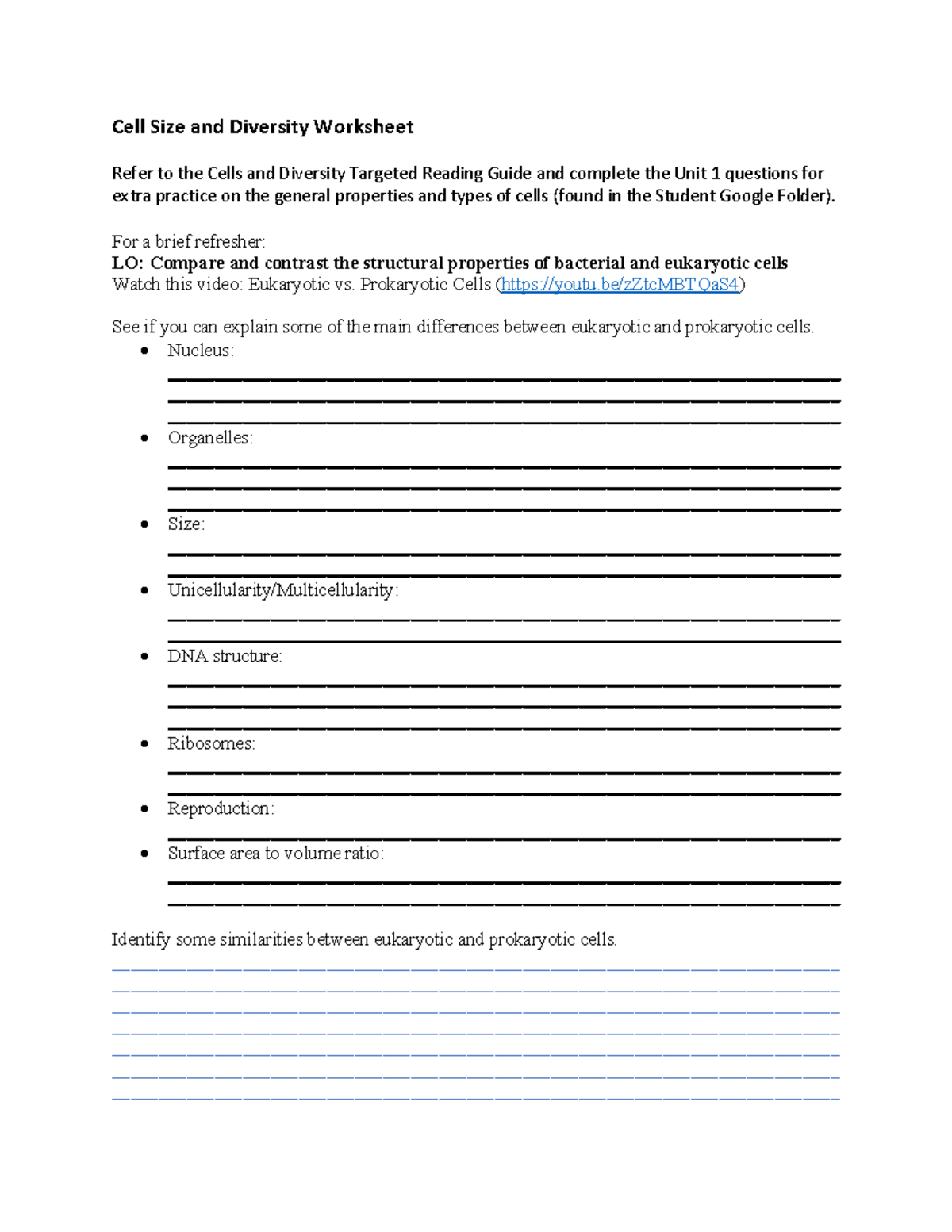 Cell Size and Diversity - Unit 1 Worksheet for Extra Practice - Studocu