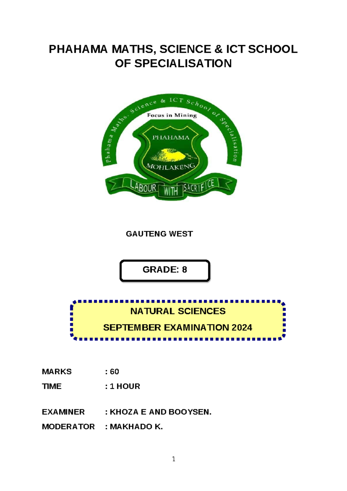 Grade 8 Natural Sciences Term 3 Final Exam Paper 2024 - Studocu
