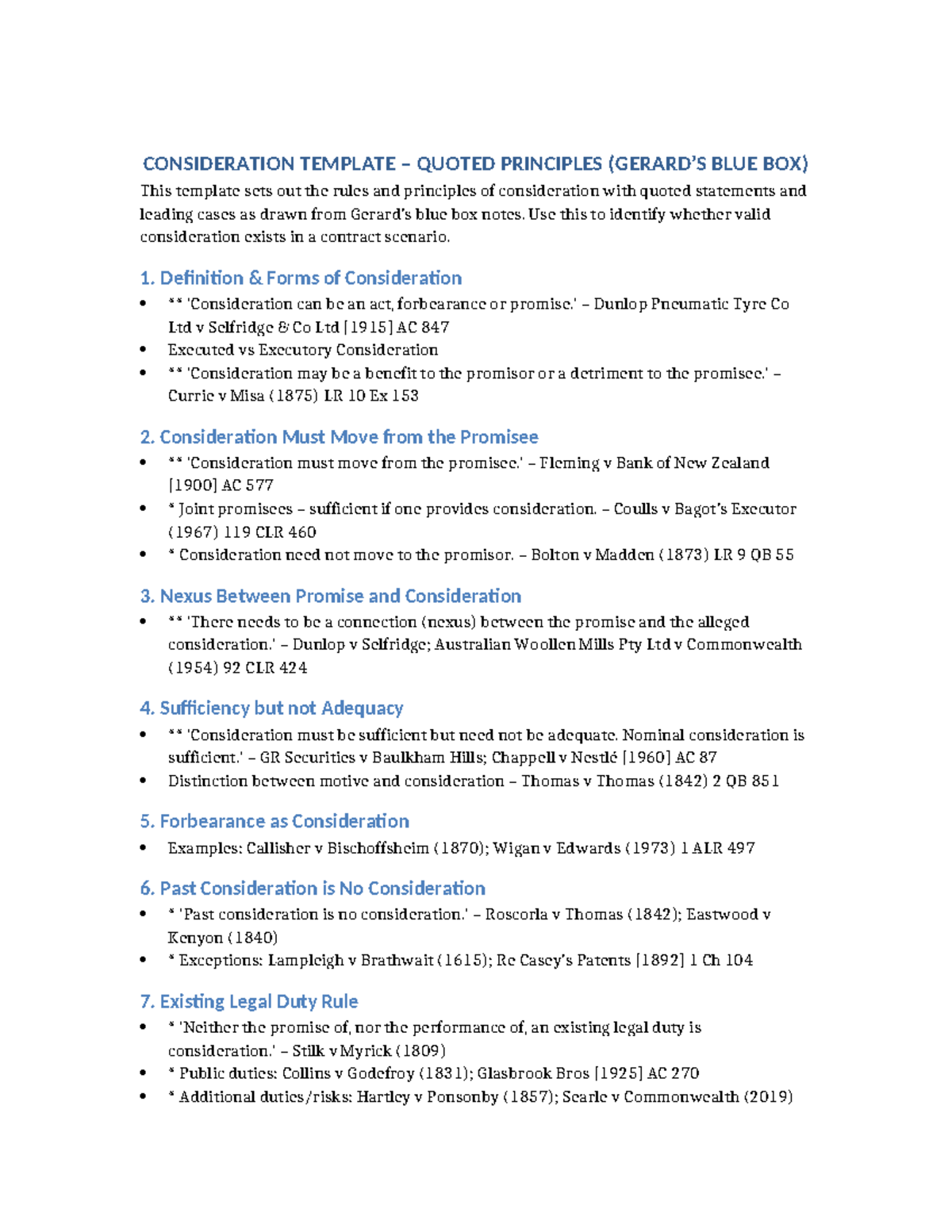 Consideration Template (Law 101) - Blue Box Principles & Cases - Studocu