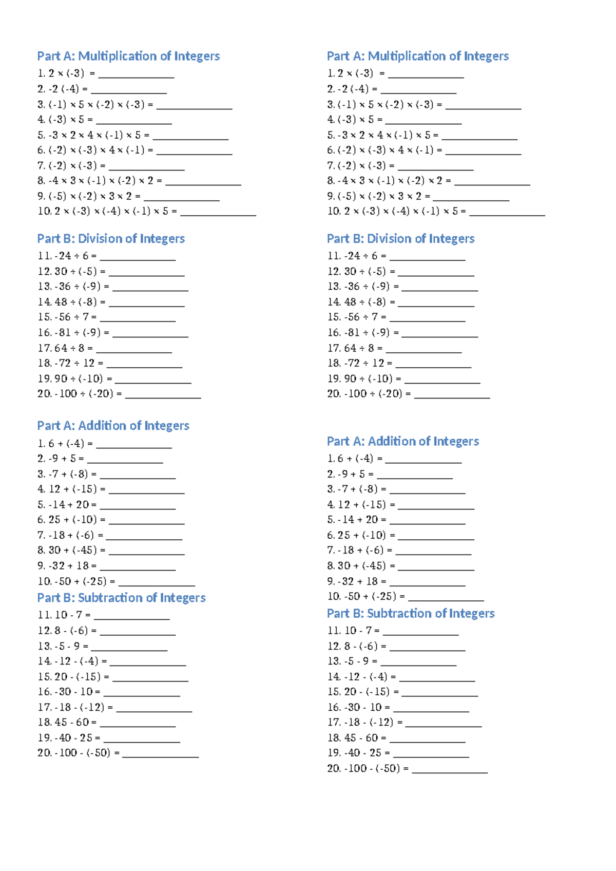 Grade 7 Quiz: Multiplication & Division of Integers (4-5 Factors) - Studocu