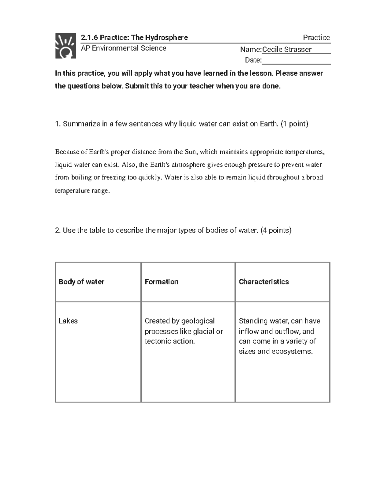 AP Environmental Science 2.1.6 Practice: Understanding the Hydrosphere ...