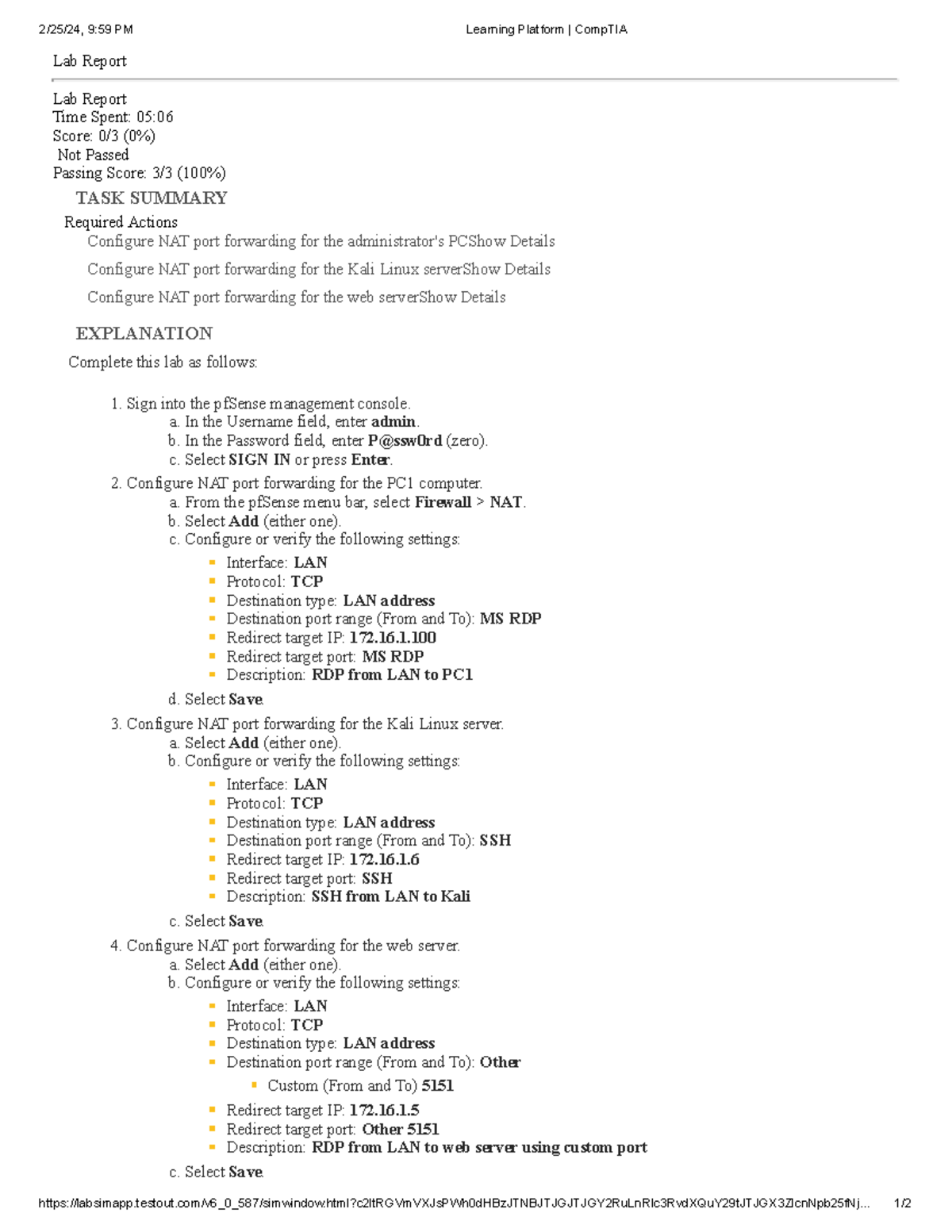 CompTIA Lab: 7.6.4 - Configure NAT Port Forwarding Steps - Studocu