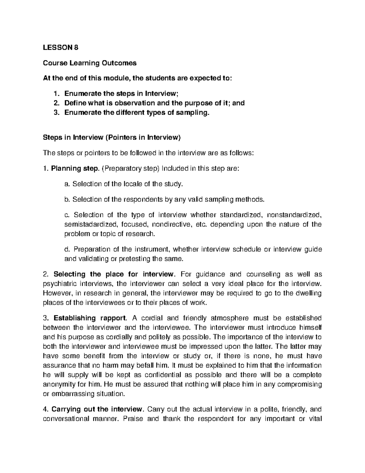 W11 Lesson 8: Steps in Interview and Observation Techniques - Studocu