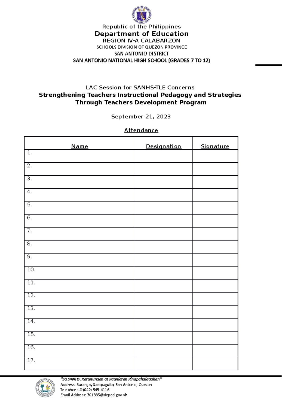 LAC Evaluation & Reflection Form for SANHS TLE Session (Sept 2023 ...