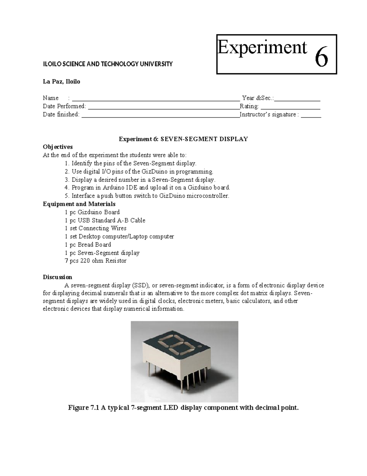Laboratory 6: Display Experiment with GizDuino and Arduino IDE - Studocu