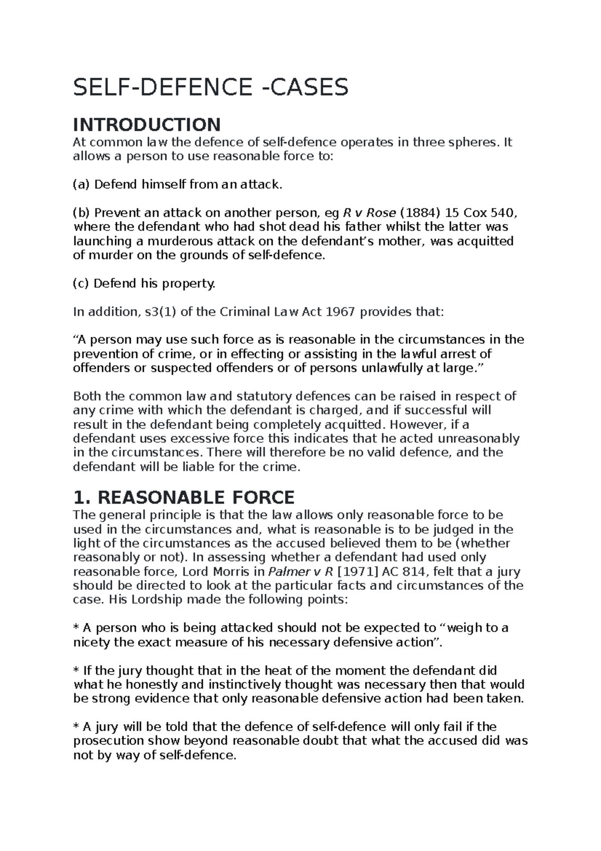 SELF- Defence - Cases - helpful notes. - SELF-DEFENCE -CASES ...
