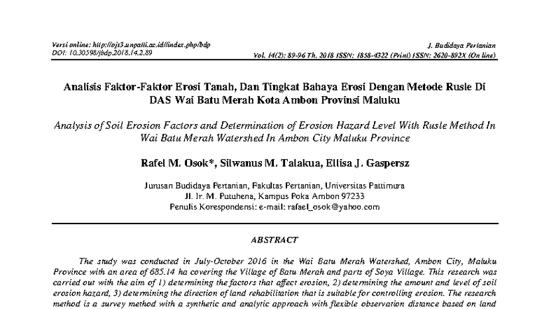 Analisis Erosi Tanah dan Tingkat Bahaya Erosi di DAS Wai Batu Merah (J ...