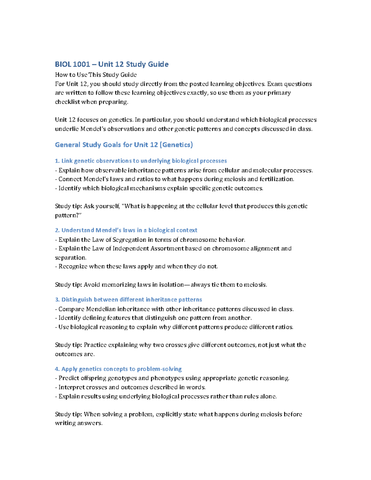 BIOL 1001 – Unit 12 Study Guide: Genetics - Studocu