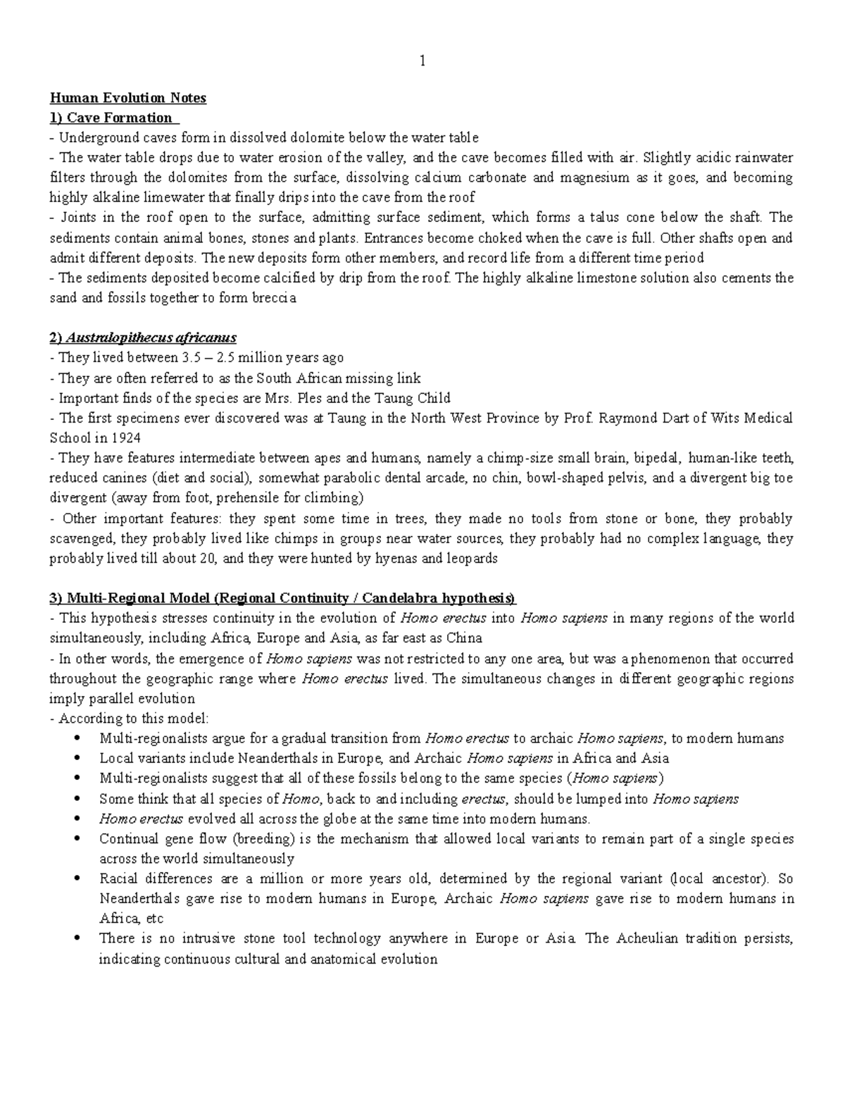 Human Evolution Notes - 1 Human Evolution Notes Cave Formation ...