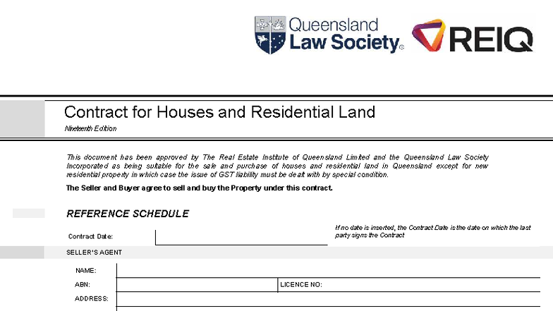 REIQ Contract for Houses and Residential Land 19th Edition - Studocu
