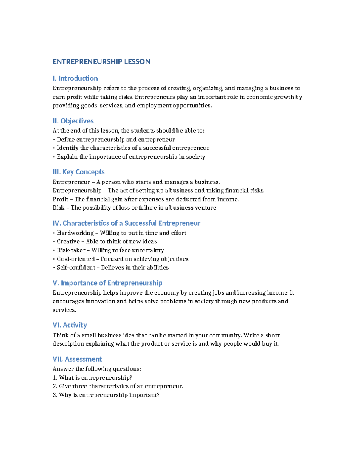 ENTREPRENEURSHIP LESSON I: Introduction to Key Concepts and Importance ...