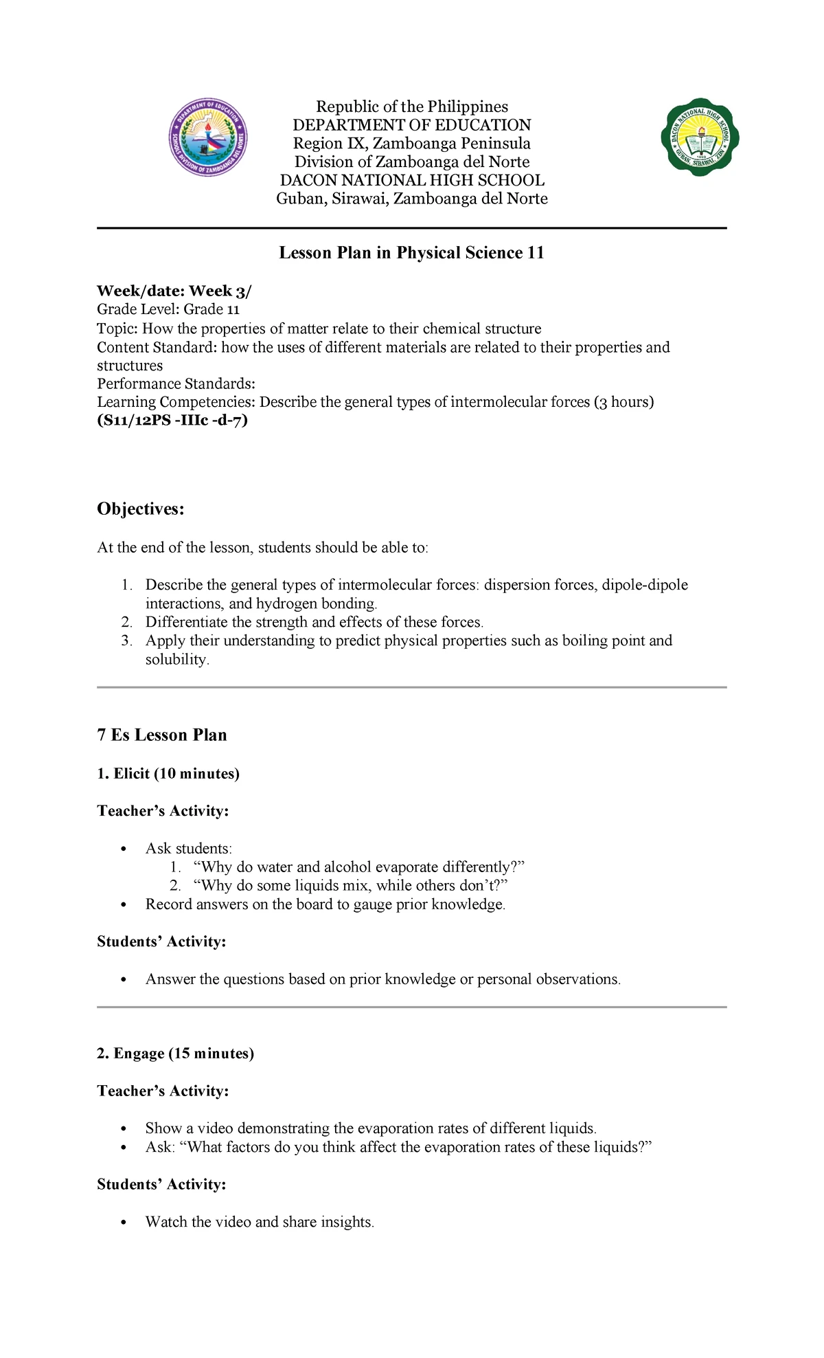 Grade 11 Physical Science Lesson Plan - Week 3 on Intermolecular Forces ...