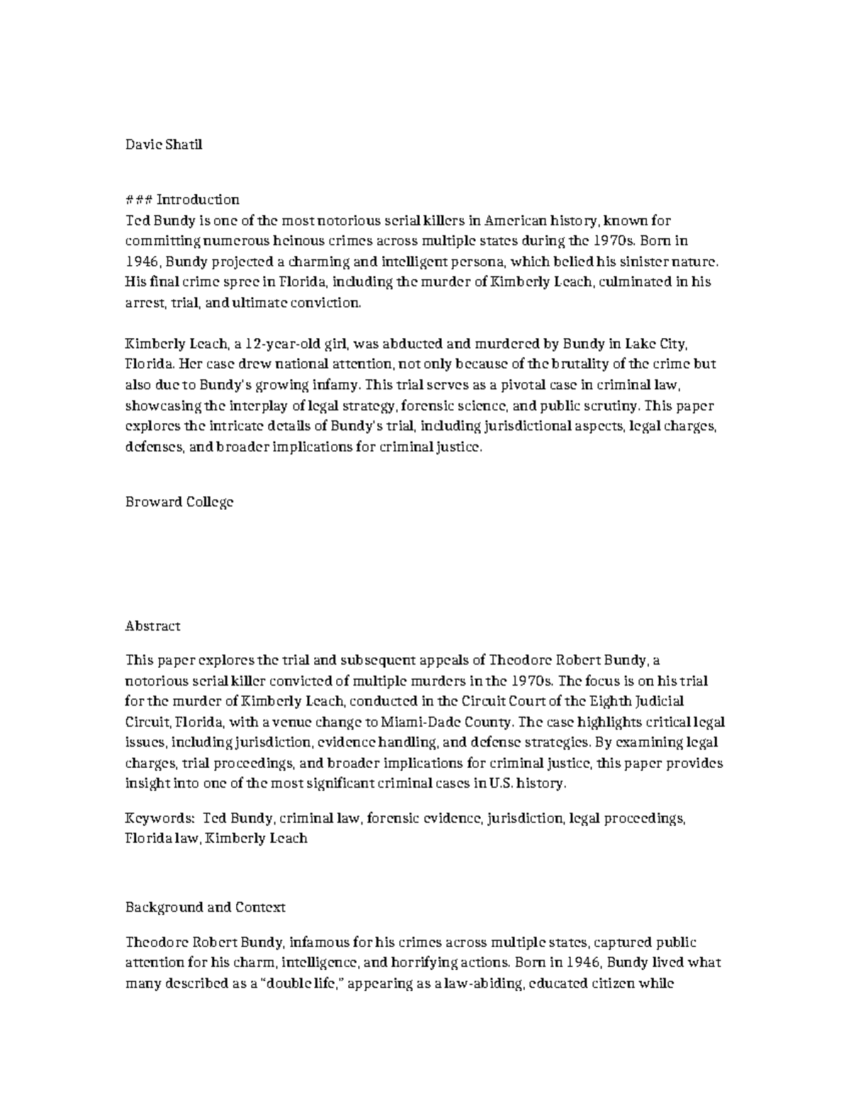 Revised CJ1100 Criminal Law Analysis: The Ted Bundy Case and Its ...