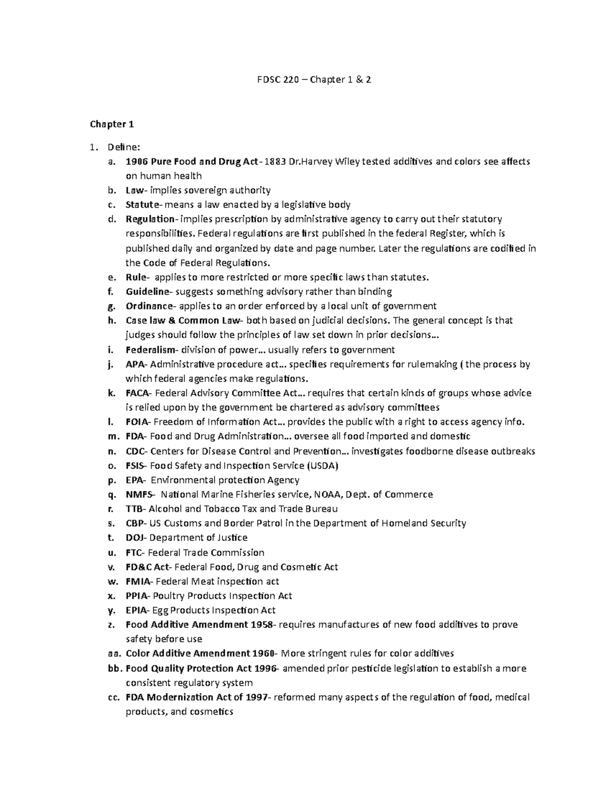 FDSC 220 - Food Science & Regulations: Chapters 1 & 2 Overview - Studocu