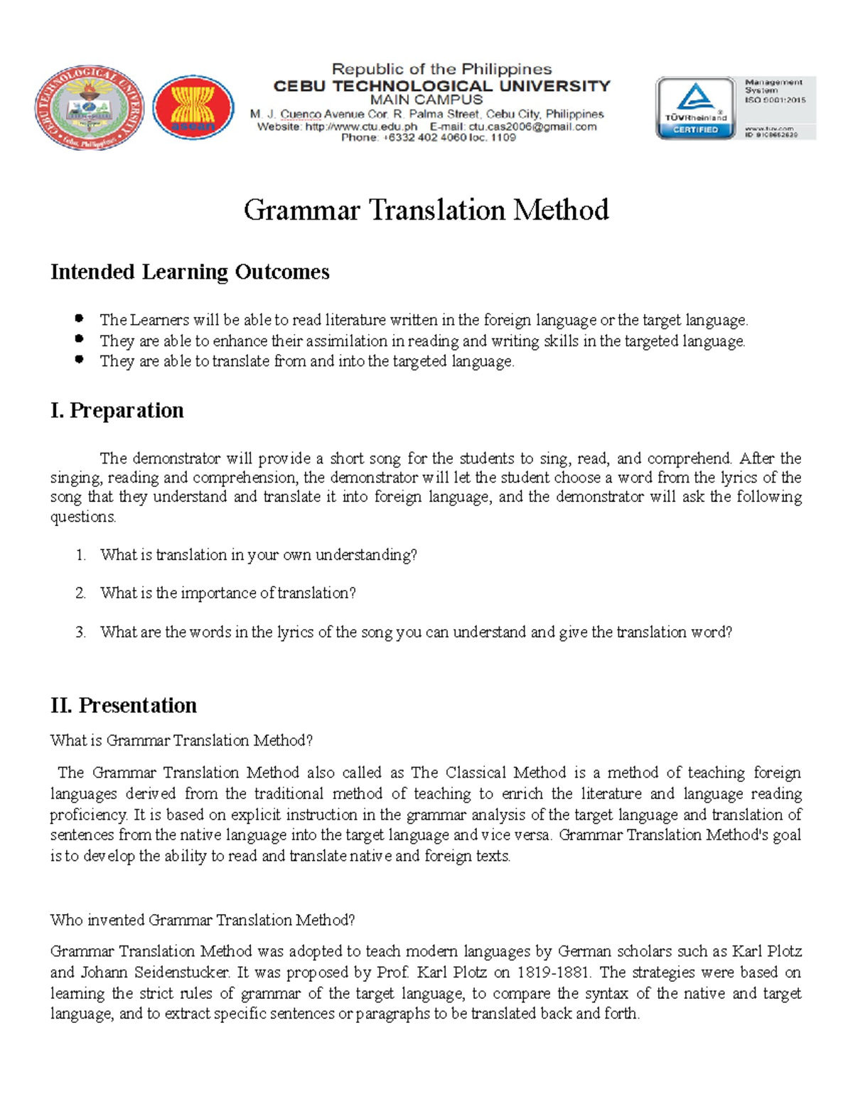Grammar-Translation Method Overview and Applications in Teaching - Studocu