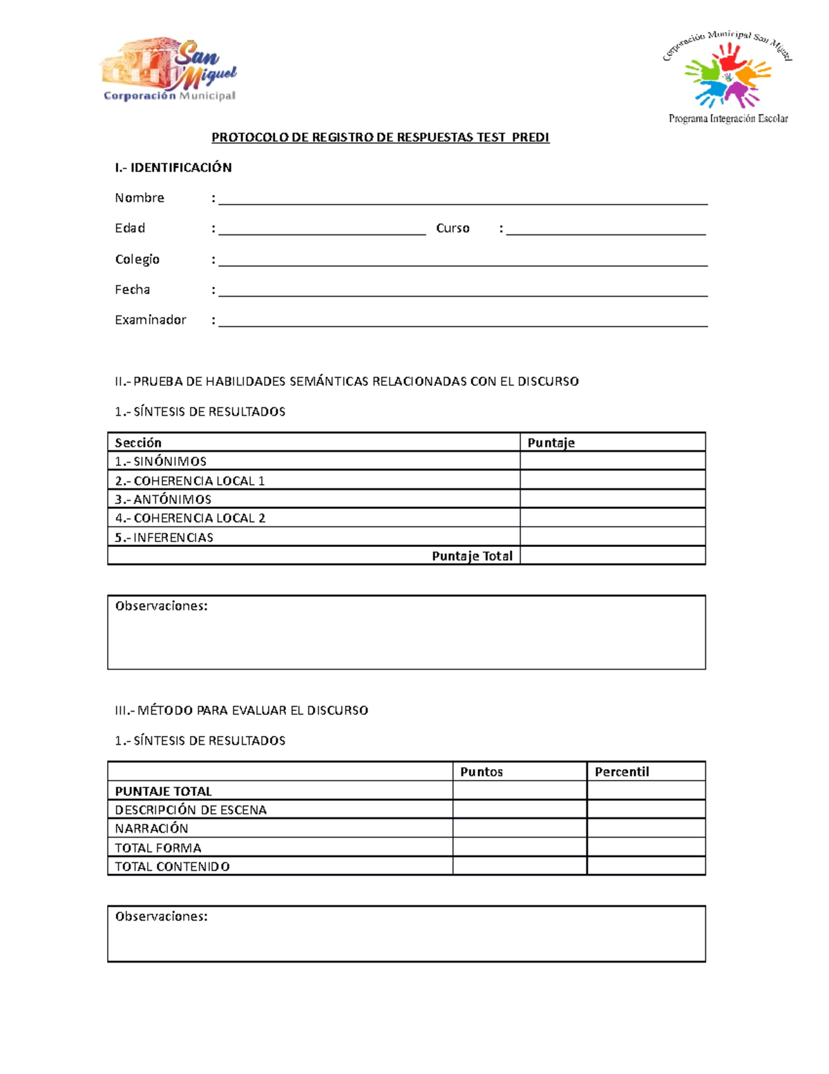 Evaluación del Discurso: Protocolo PREDI de Registro de Resultados ...