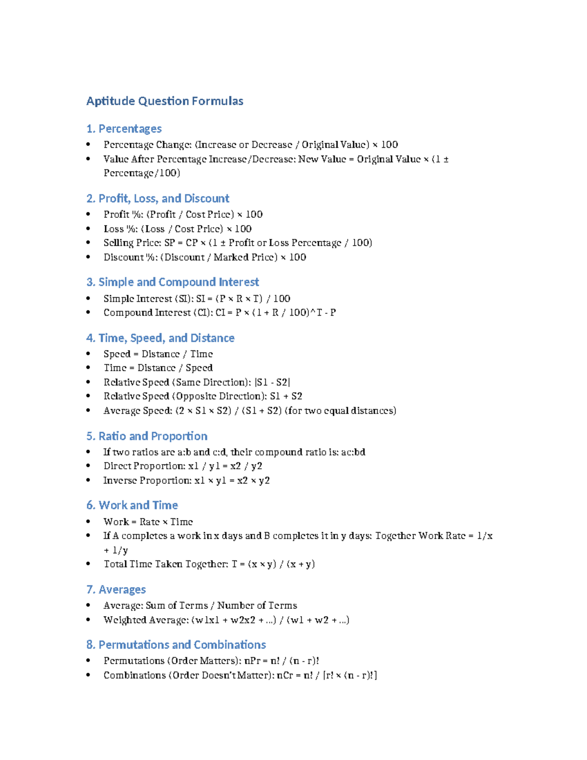 Aptitude Formulas - Placement Prep Material Notes for Exams - Studocu