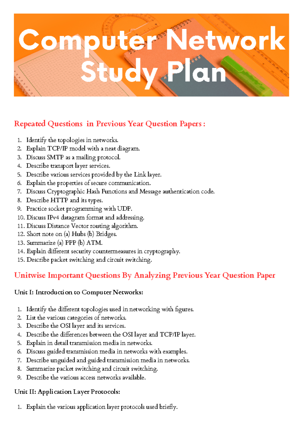 Computer Network Important Questions for Exam Prep (CS101) - Studocu