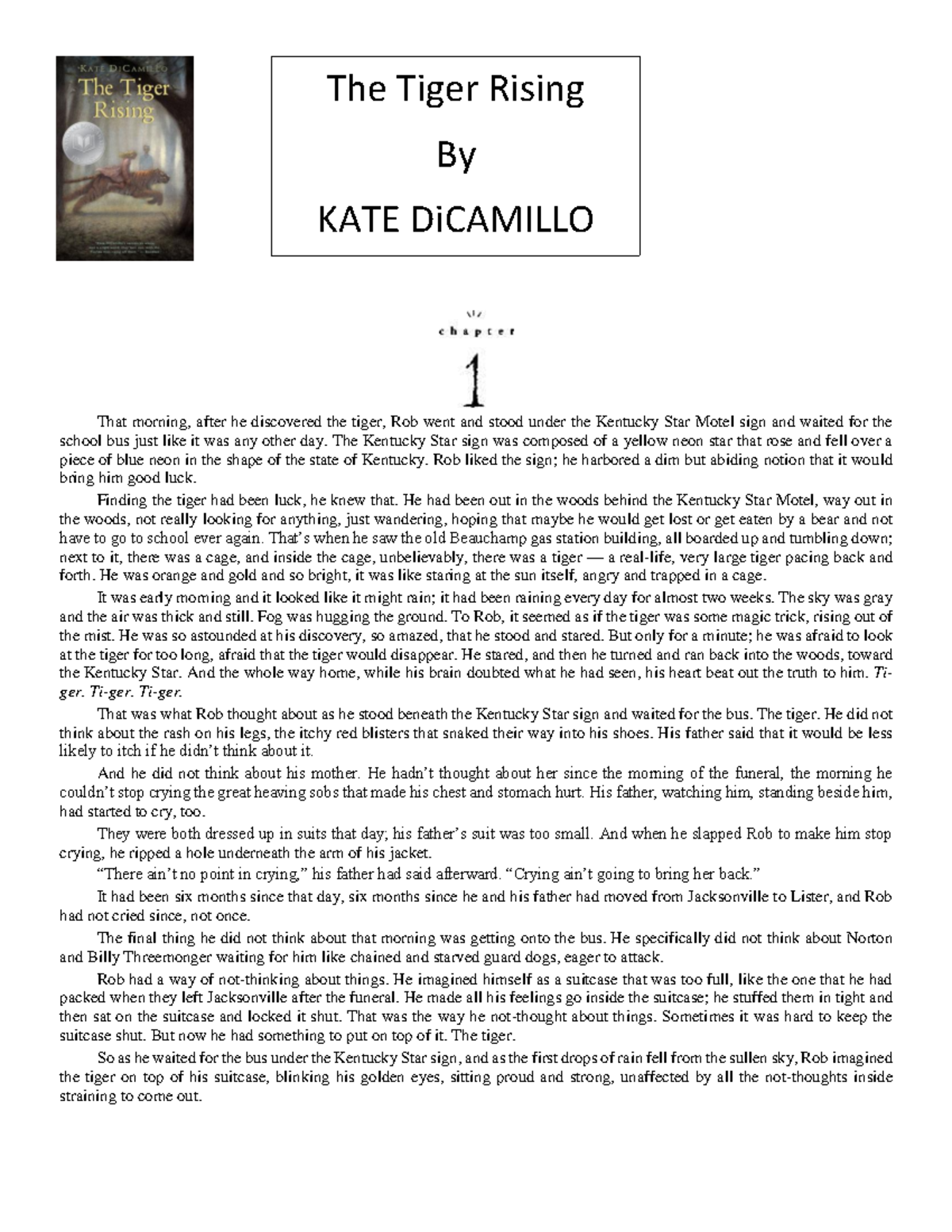 The Tiger Rising (KATE DiCAMILLO) - Chapter Summary & Analysis - Studocu