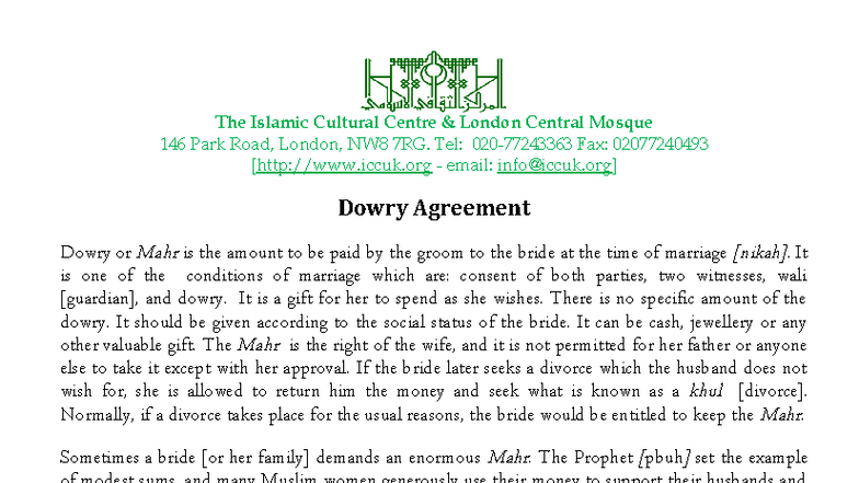 Dowry Agreement: Understanding Mahr in Islamic Marriage - Studocu