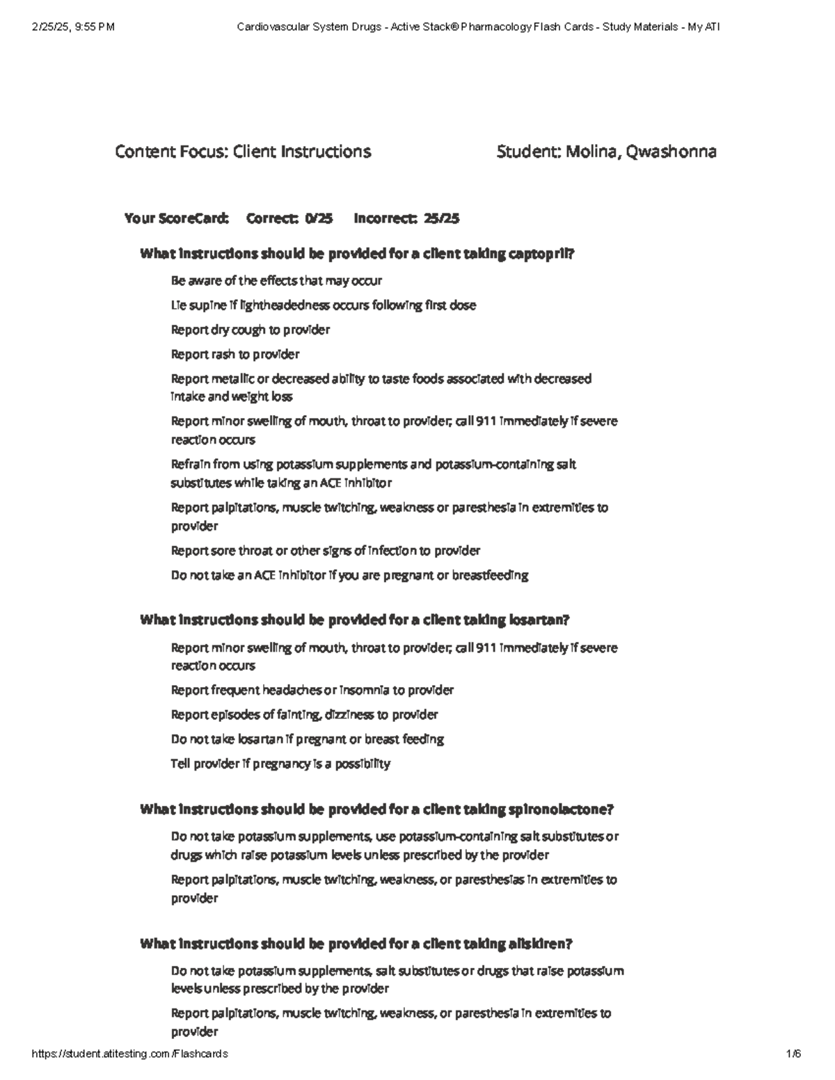 Cardiovascular Drugs Client Instructions - Active Stack Study Materials ...