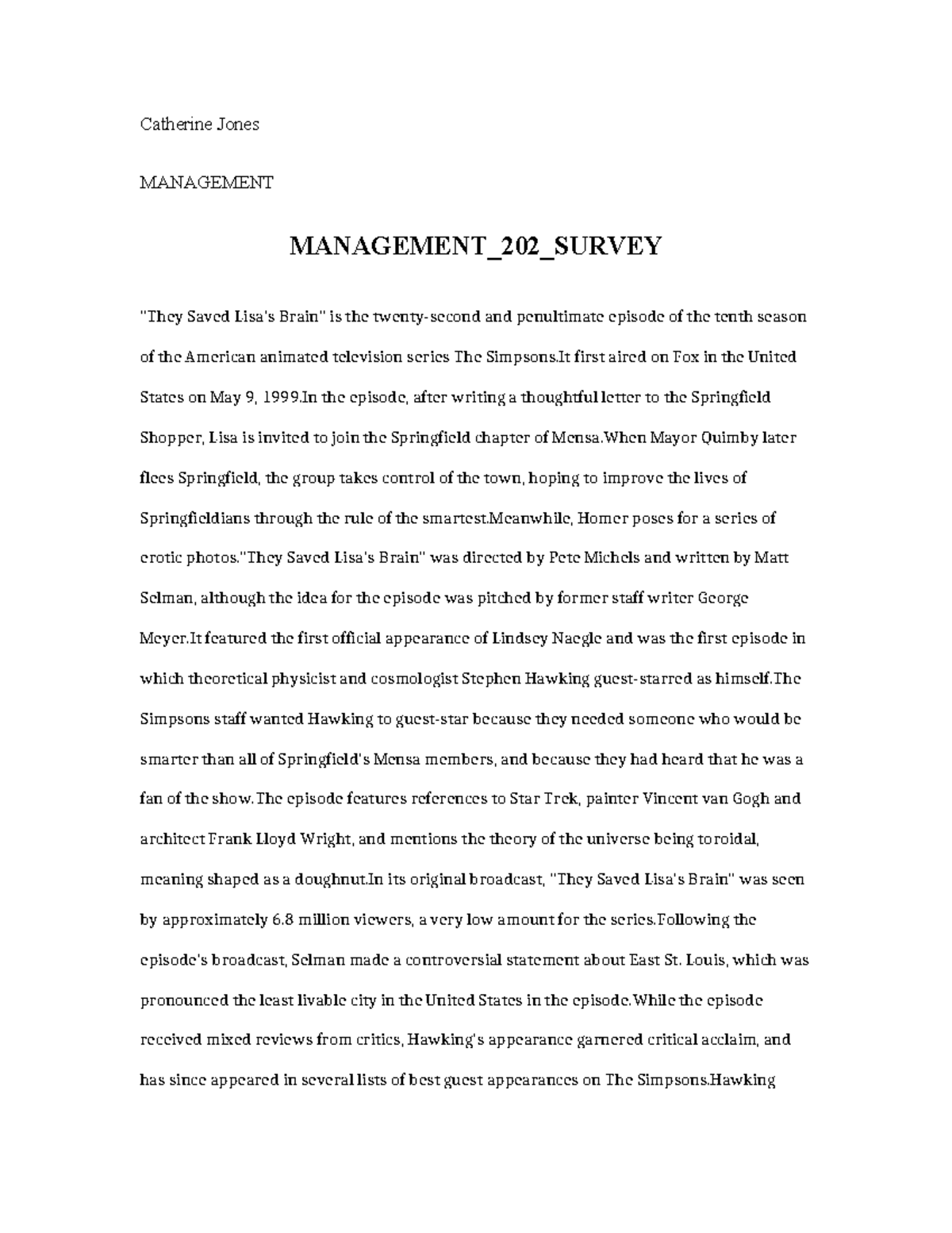 Management 202 Survey: Analysis of The Simpsons Episode "Saved" - Studocu