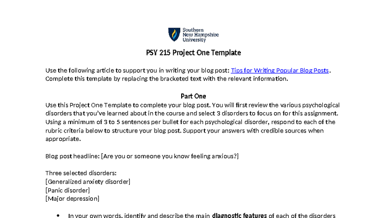 PSY 215 Project One: Blog Post on Anxiety, Panic, and Depression - Studocu
