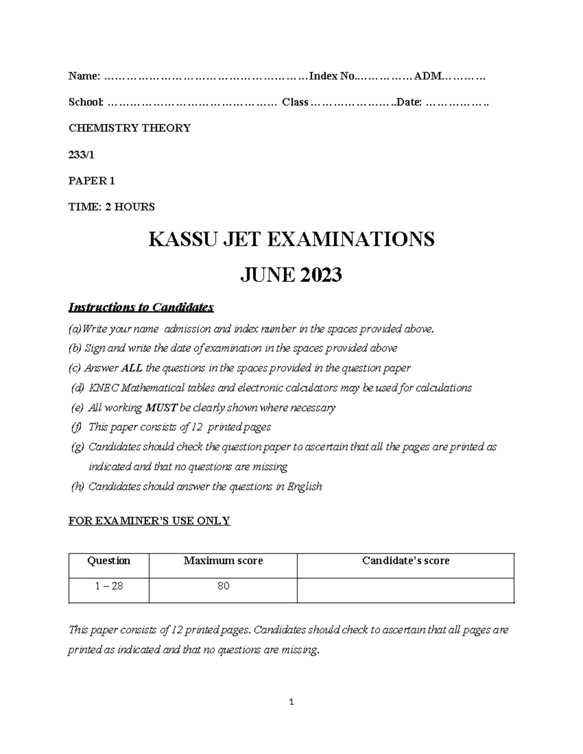 Chemistry Theory Paper 1 - Kassu JET Exam June 2023 - Studocu