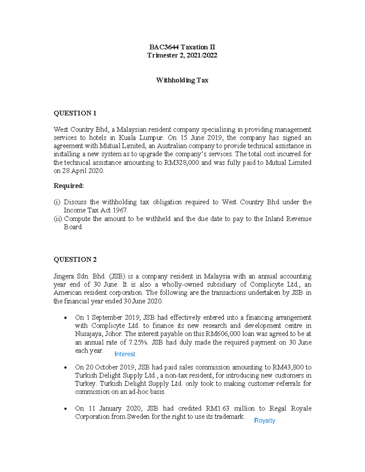 Tutorial 5 WHT 2120 - BAC3644 Taxation II Trimester 2, 2021 ...