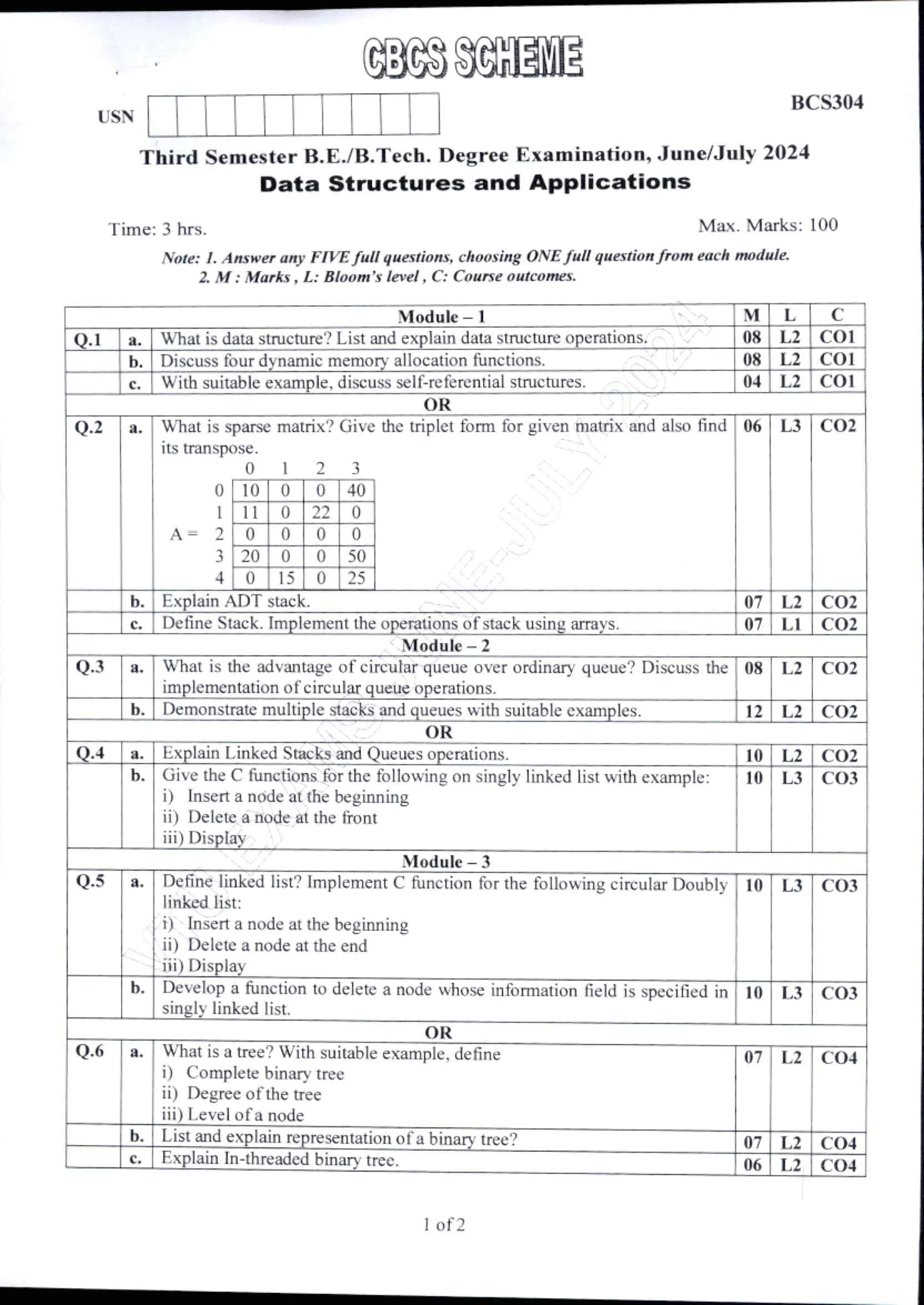 BCS304 Data Structures & Applications Evaluation Scheme - 2024 Exam ...