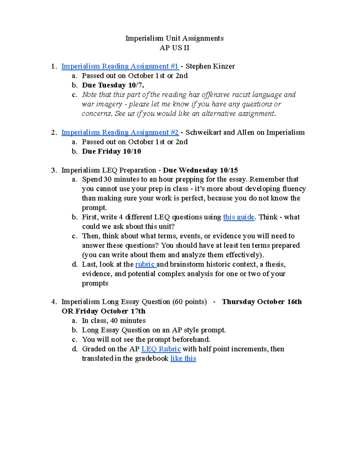 AP US II Imperialism Unit Guide & Assignment Overview - Studocu