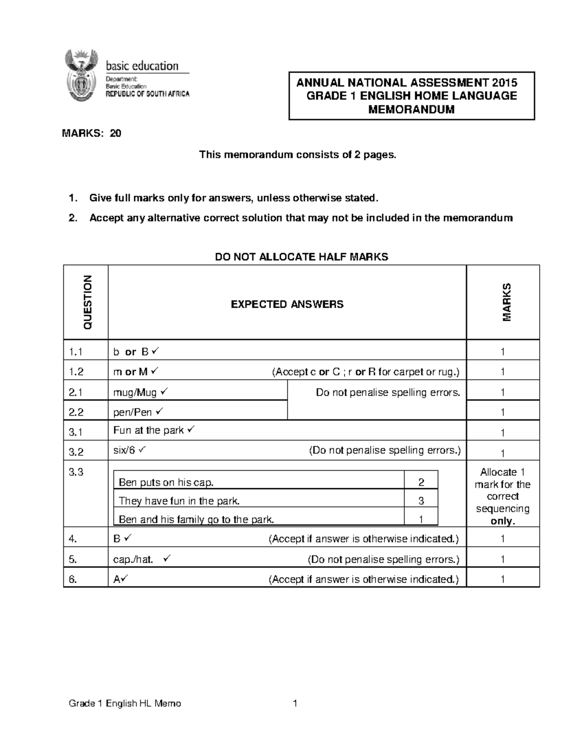 Grade 1 English HL 2015 Memo - Annual National Assessment - Studocu