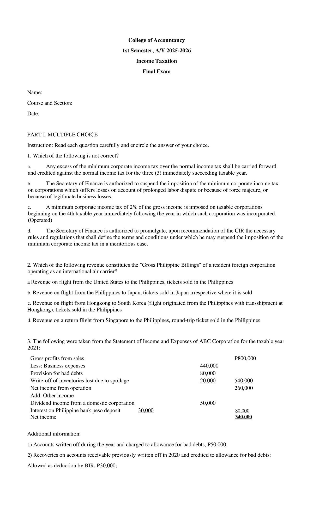 Income Taxation 1st Sem Final Exam Review - ACC 101 - Studocu