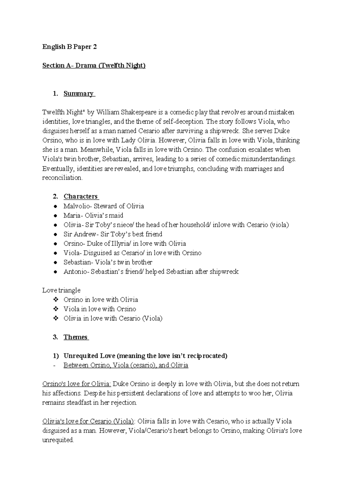 English B Paper 2 - Twelfth Night Practice Questions & Summaries - Studocu