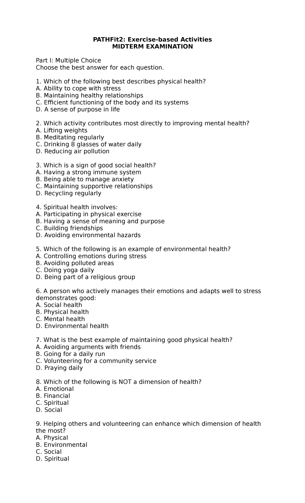 PATHFit2: Midterm Exam Activities - Multiple Choice & True/False - Studocu