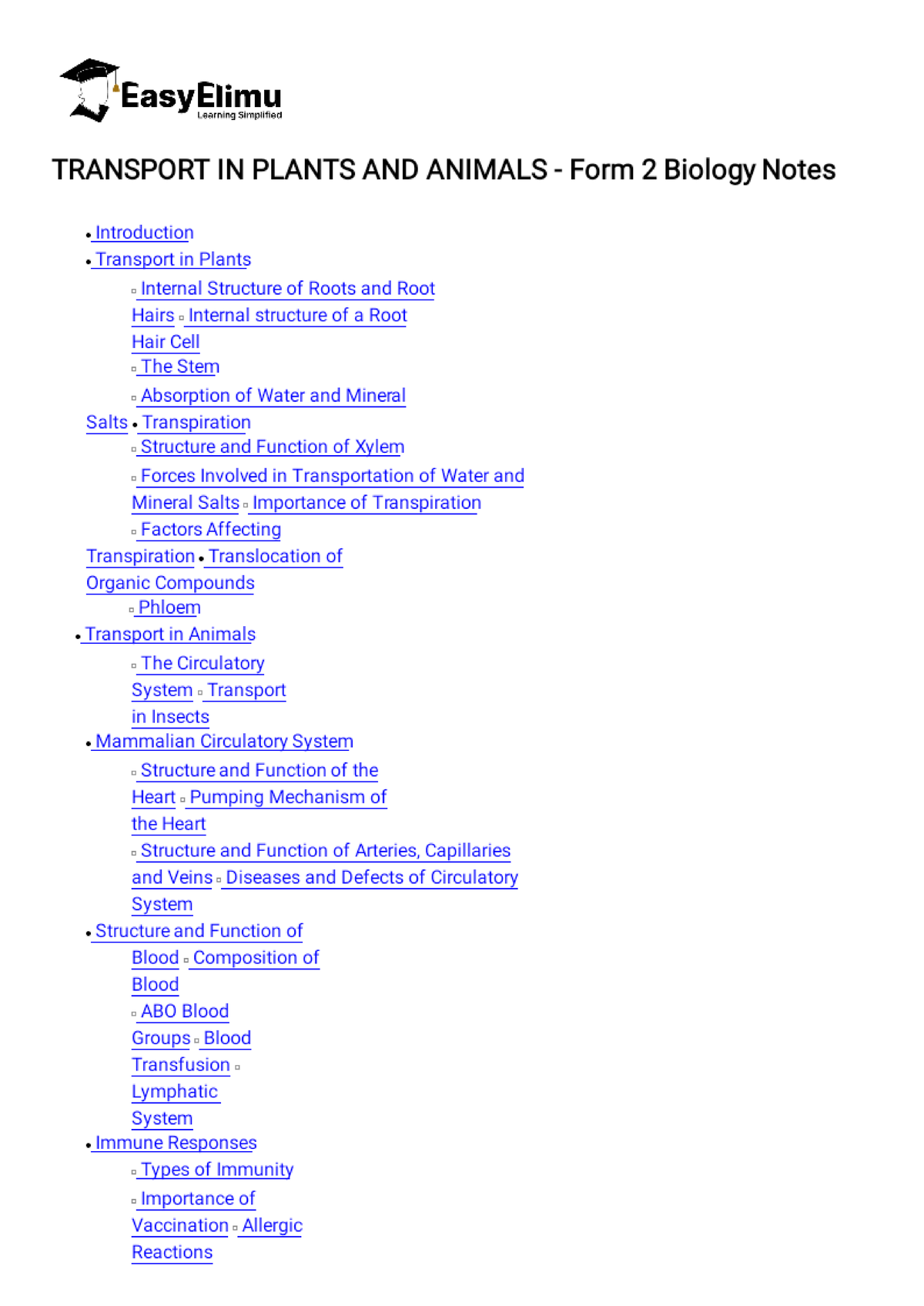 Form 2 Biology Notes: Transport in Plants and Animals (BIO 101) - Studocu