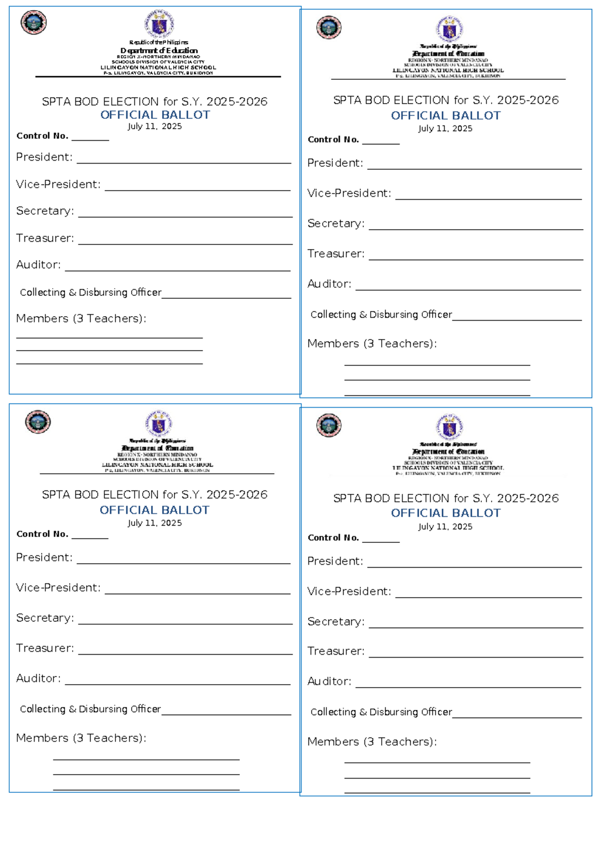SPTA BOD Election Official Ballot for S.Y. 2025 - Valencia City - Studocu
