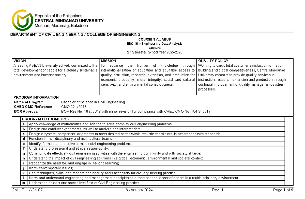 ESC 16 Engineering Data Analysis Course Syllabus - 2nd Sem - Studocu
