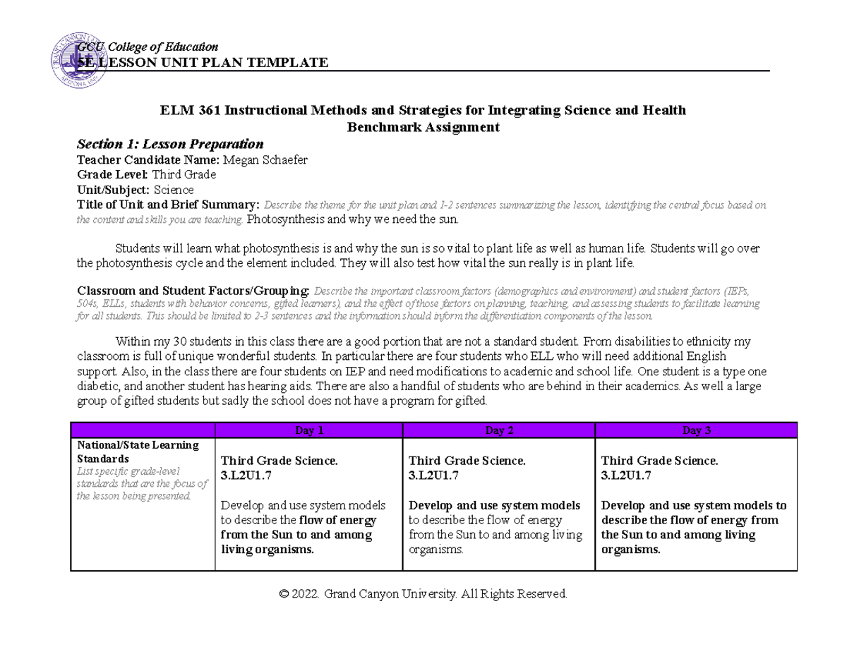 ELM-361-Benchmark - Science lesson plans and course work. - GCU College of Education 5E LESSON ...