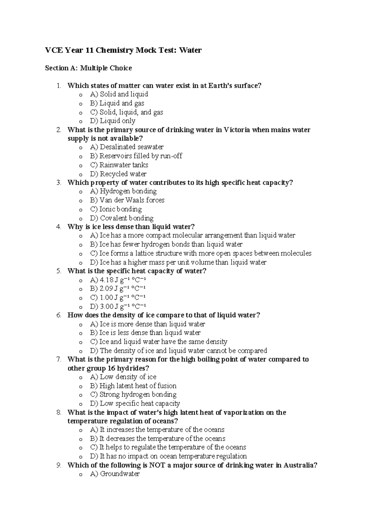 Ch 10 VCE Year 11 Chemistry Mock Test: Water Properties & Concepts ...
